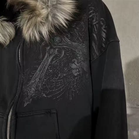 Y2k Style Black Cropped Puffer With Fluffy Faux Fur Depop