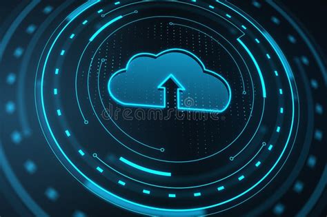 Creative Cloud Computing Hologram On Blurry Dark Blue Backdrop Server And Data Concept Stock