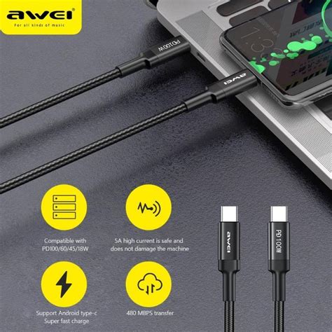 AWEI CL 117T 100W USB C To Type C PD 3 0 Super Fast Charging 20V 5A For Mobile Phone Charge