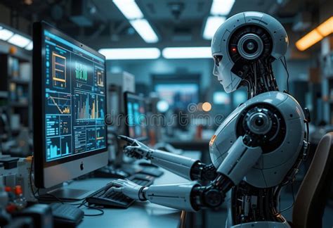 Robot Interacts With Computer Display In Modern Technology Lab Environment Stock Illustration