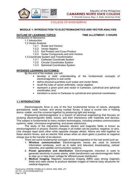 Module 1 Introduction To Electromagnetics Pdf Euclidean Vector Electromagnetic Radiation