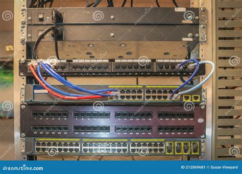 Patch Panels Installed In A Network Rack Where LAN Switches Are Installing Stock Image Image