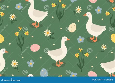 Seamless Spring Easter Pattern With Goose Eggs And Flowers Stock