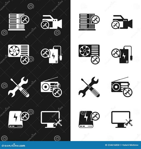 Set Power Bank Service Air Conditioner Database Server Video Camera Crossed Screwdriver And