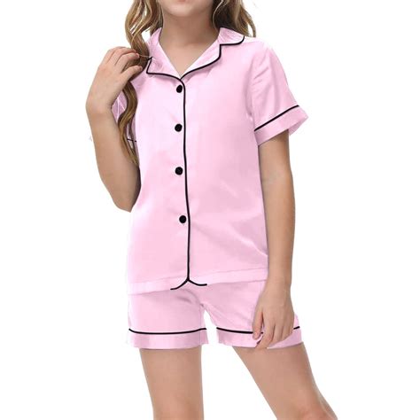 Teen Girls Silk Pjs Short Sleeve Button Down Top Shorts Set Summer