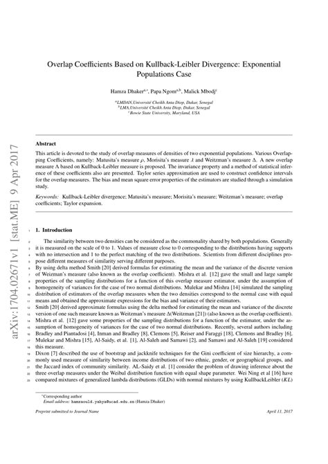 Pdf Overlap Coefficients Based On Kullback Leibler Divergence Exponential Populations Case