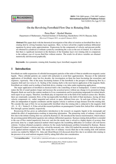 Pdf On The Revolving Ferrofluid Flow Due To Rotating Disk