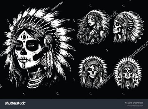 Set Skull Indian Apache Girl Traditional Stock Vector Royalty Free 2421467105 Shutterstock