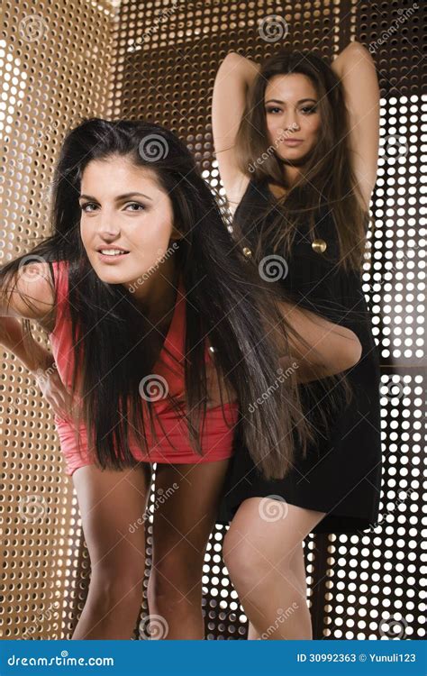 Portrait Of Two Pretty Girls Enjoying Party Stock Image Image Of Look