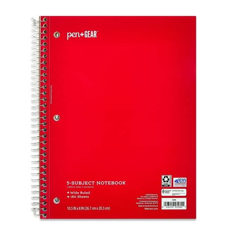 Pengear Wide Rule 5 Subject Notebook 8” X 105” Red 180 Sheets New