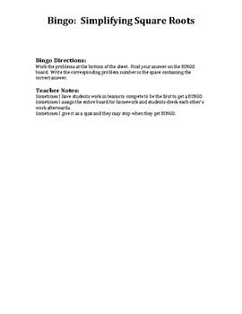 Simplifying Square Roots No Variables BINGO By Debbie S Math Resources