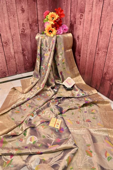 Buy Pure Tissue Kota Banarasi Silk Saree In Grey And Gold With Allover