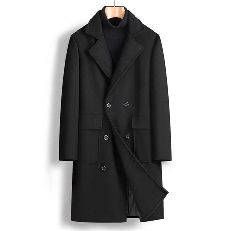 Guisaled Peacoat Mens Coat Notch Lapel Double Breasted Wool Blend Long