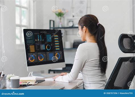 Professional Data Analyst Using Data Visualizations Dashboard On Computer Monitor For Data