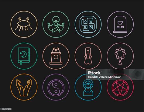 원 묵주 구슬 종교 자이니즘 무대 스탠드 또는 트리뷴 코란 거룩한 책 파스타 파리즘 사제와 예수 그리스도 아이콘에 설정 줄 펜타그램 벡터 0명에 대한 스톡 벡터 아트 및