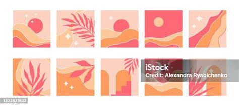 중반 세기 스타일의 추상적 인 미니멀 리즘 사각형 배경세트 산 풍경 자연 모양 아치 태양 달 별과 야자 수 분과 벡터 그림 핑크와 모래 색상 보보스에 대한 스톡 벡터 아트