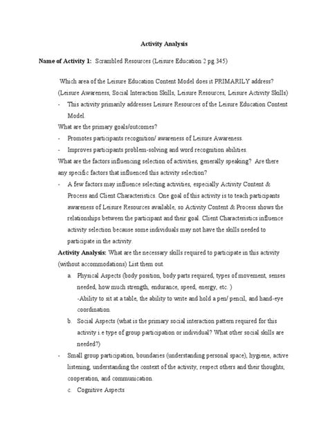 Activity Analysis Name Of Activity 1 Scrambled Resources Leisure