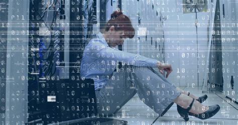 Image Of Interference And Binary Coding Over Caucasian Woman In Server Room Stock Image Image