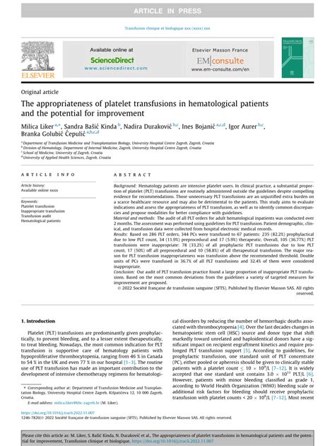 Pdf The Appropriateness Of Platelet Transfusions In Hematological Patients And The Potential