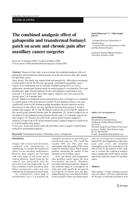 Pdf The Combined Analgesic Effect Of Gabapentin And Transdermal Fentanyl Patch On Acute And