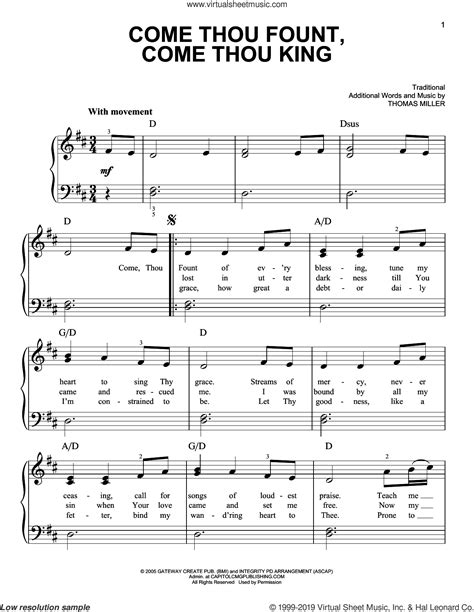 Come Thou Fount Come Thou King Sheet Music Beginner For Piano Solo
