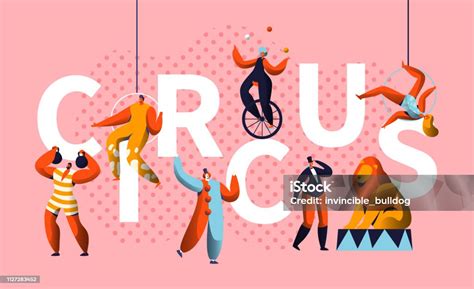 서커스 카니발 쇼 문자 인쇄 술 가로 포스터입니다 마술사 하 고 외 발 자전거 타다 요술 쟁이 엔터테인먼트입니다 재미 의상와 화려한 광고 편지 배너 평면 만화 벡터 일러스트