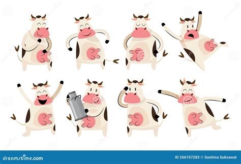Set Of Black And White Cow Cartoon Character Vector Illustration Stock