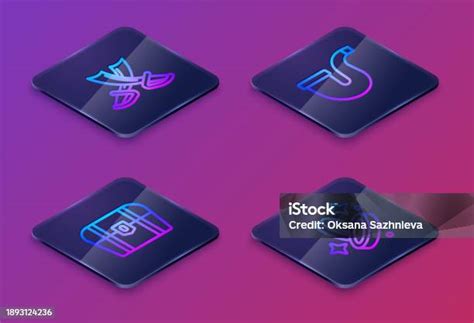 아이소메트릭 라인 교차 해적 검 골동품 보물 상자 흡연 파이프 및 해적 동전을 설정합니다 파란색 사각형 버튼입니다 벡터 3차원 형태에 대한 스톡 벡터 아트 및 기타 이미지