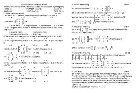 Xii Mathematics Unit Test Qp Pdf Matrix Mathematics Algebra