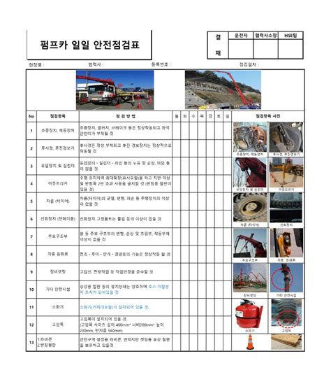 건설공사 안전비법 펌프카 안전점검표체크리스트 양식