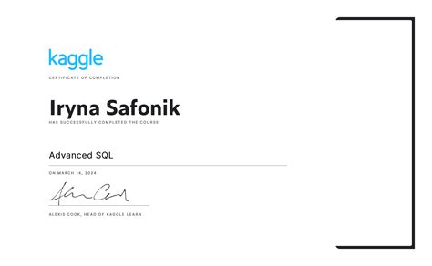 Iryna Safonik Completed The Advanced Sql Course On Kaggle