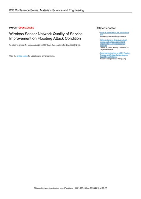 Pdf Wireless Sensor Network Quality Of Service Improvement On Flooding Attack Condition