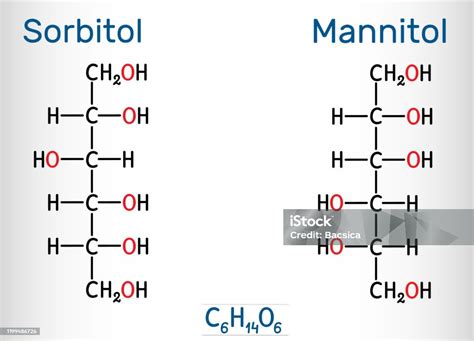 소르비톨 과 만니톨 분자는 이성물질이며 감미료로 사용되는 두 가지 유형의 설탕 알코올입니다 구조적 화학 식 및 분자 모델 화학 과학에 대한 스톡 벡터 아트 및 기타 이미지