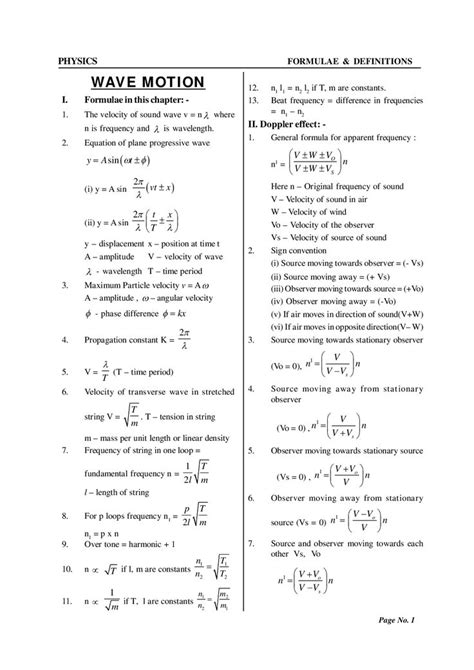 Formula Booklet Physics Class 12 Chapter Wave Motion Pw Physics Formulas Basic Physics