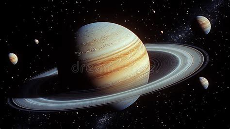 Saturn With Rings And Moons Detailed View In Deep Space Exploration