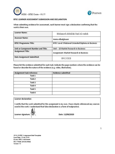 Btec Learner Declaration Unit 10 Pdf Pdf