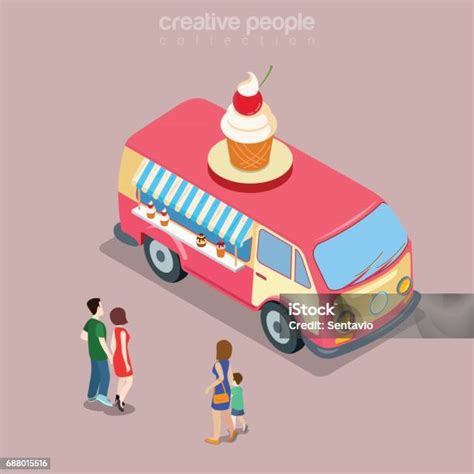 행복 한 히피 반에 아이스크림 사막 달콤한 카페 패스트 푸드 거리 비스트로 레스토랑 평면 3d 아이소메트리 아이소메트릭 개념 웹 벡터 일러스트 레이 션 크리에이 티브