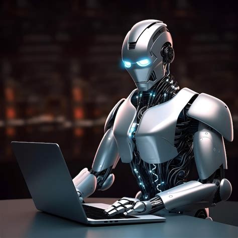 Premium Photo Futuristic Robot Using Computer Laptop Ai Generated