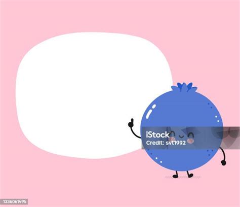 텍스트 상자와 귀여운 행복 한 미소 재미 블루 베리 벡터 플랫 라인 만화 가와이 얼굴 문자 일러스트 아이콘 흰색 배경에 격리