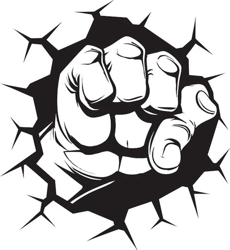Premium Vector Iconic Force Cartoon Fist Through Cracked Wall Mighty Impact Black Fist And