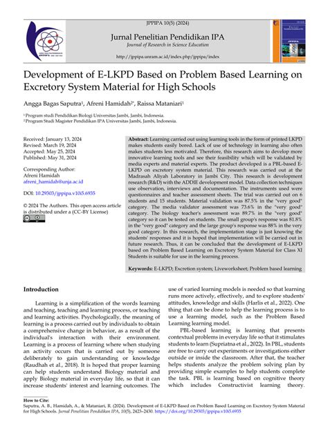 Pdf Development Of E Lkpd Based On Problem Based Learning On Excretory System Material For