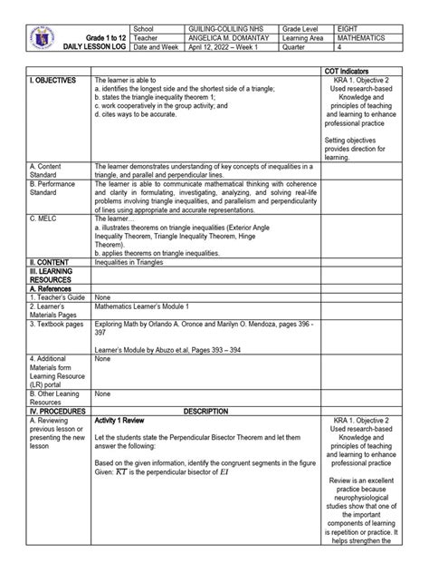 Lesson Plan In Math 8 Quarter 4 Pdf Triangle Learning