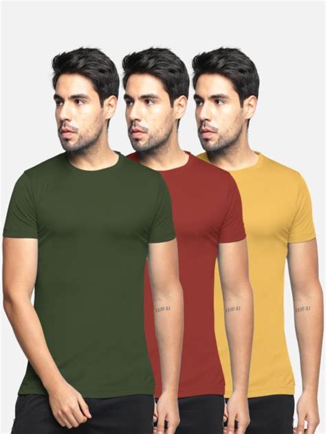 Bullmer Olive Red And Yellow Solid Crew Neck Round Neck Half Sleeve