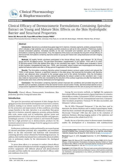 Pdf Clinical Efficacy Of Dermocosmetic Formulations Containing Spirulina Extract On Young And