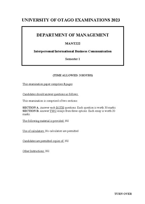 Mock Up Final Exam Mant222 S1 2023 University Of Otago Examinations 2023 Department Of