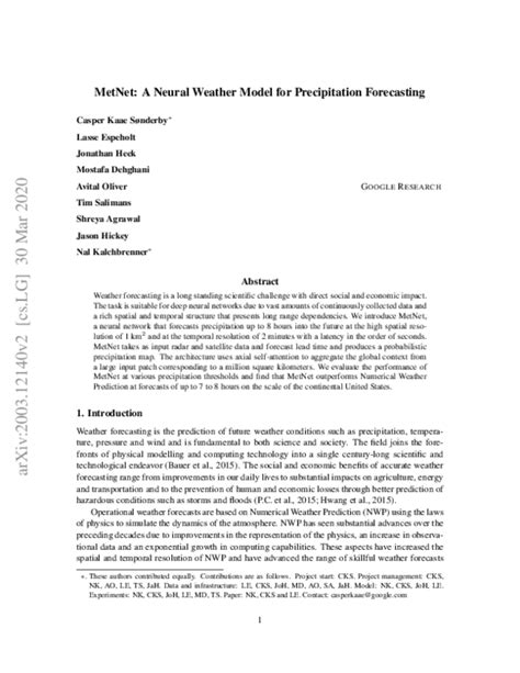 Pdf Metnet A Neural Weather Model For Precipitation Forecasting