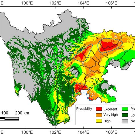 Distribution Pattern Of Six Categories Of Habitat Suitability Of