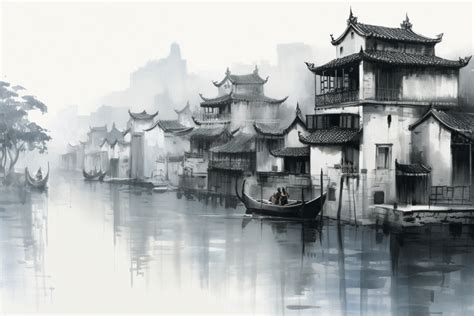 水墨画风徽派建筑江南水乡插画免费下载 png格式 8961344像素 编号566305564045481097 设图网