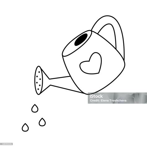 물방울이 있는 물뿌리개 격리된 벡터 그림 흑백 등고선 그리기 정원 클립 아트 픽토그램 디자인 요소입니다 성장하는 식물 관개 성장 또는 보살핌 개념 물뿌리개에 대한 스톡 벡터