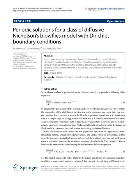 Pdf Periodic Solutions For A Class Of Diffusive Nicholsons Blowflies Model With Dirichlet